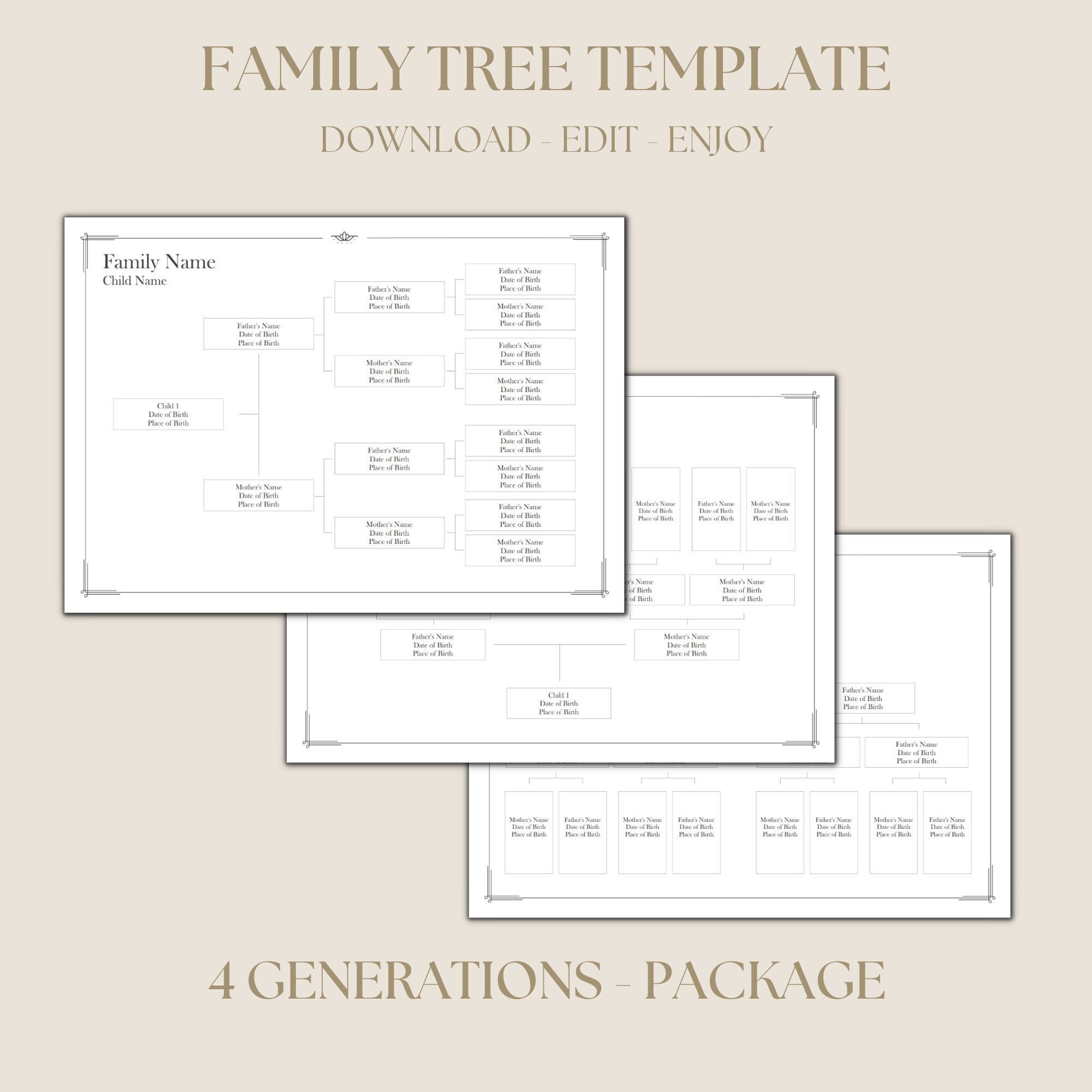 Family Tree for 4 Generations, Printable Family Tree Template, Editable ...