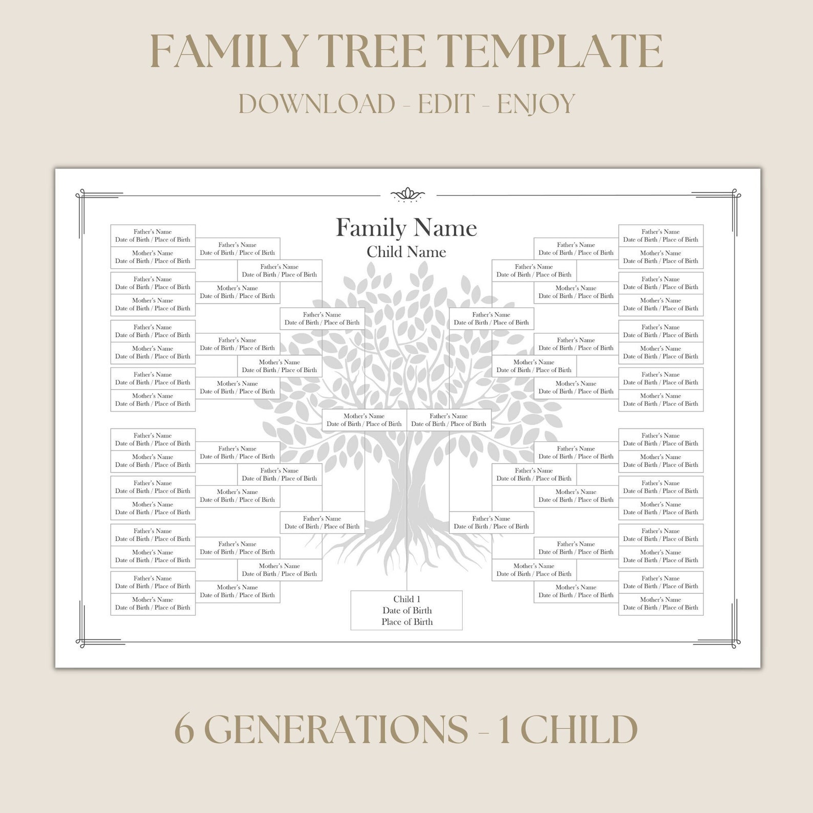 Editable 6 Generation Family Tree Chart DIY Genealogy Chart - Etsy ...