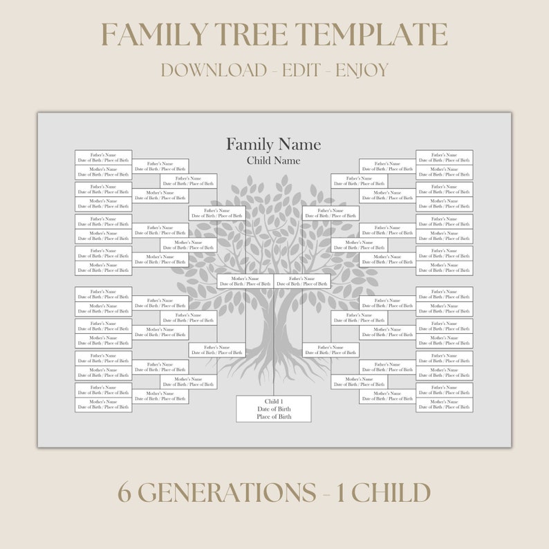 Editable 6 Generation Family Tree Chart, DIY Genealogy Chart, Ancestor ...