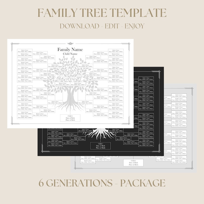 Editable 6 Generation Family Tree Chart Package, DIY Genealogy Chart ...