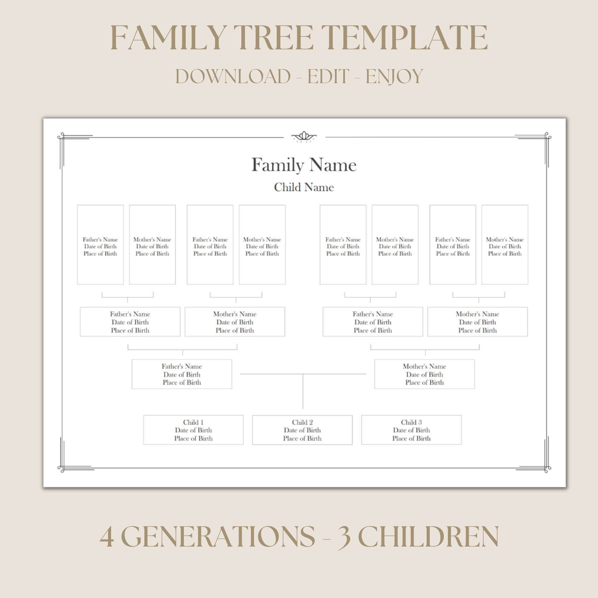 Family Tree for 4 Generations, Printable Family Tree Template, Editable ...