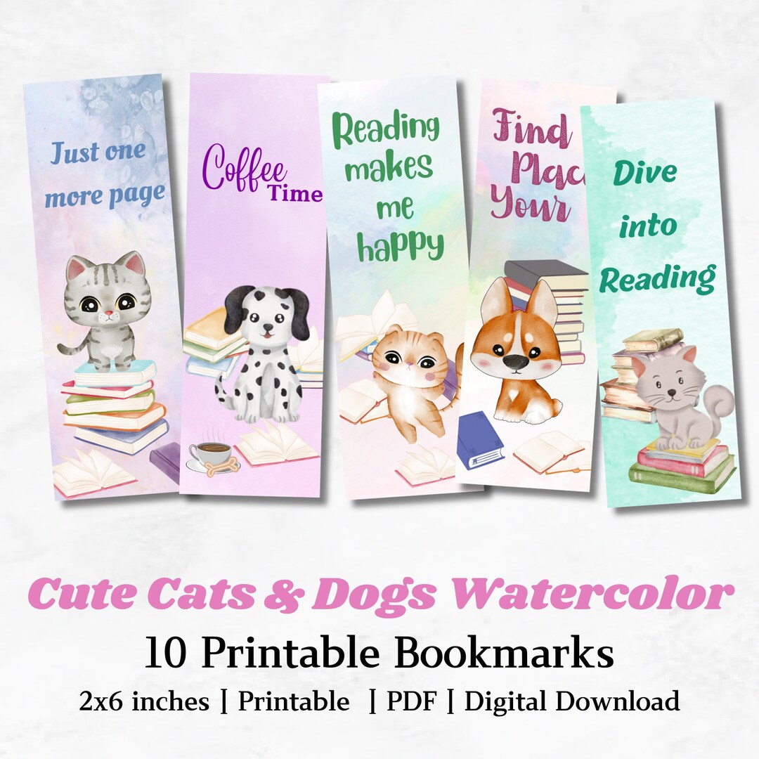 Cute Cats and Dogs Watercolor Printable Bookmarks Printable Watercolor ...