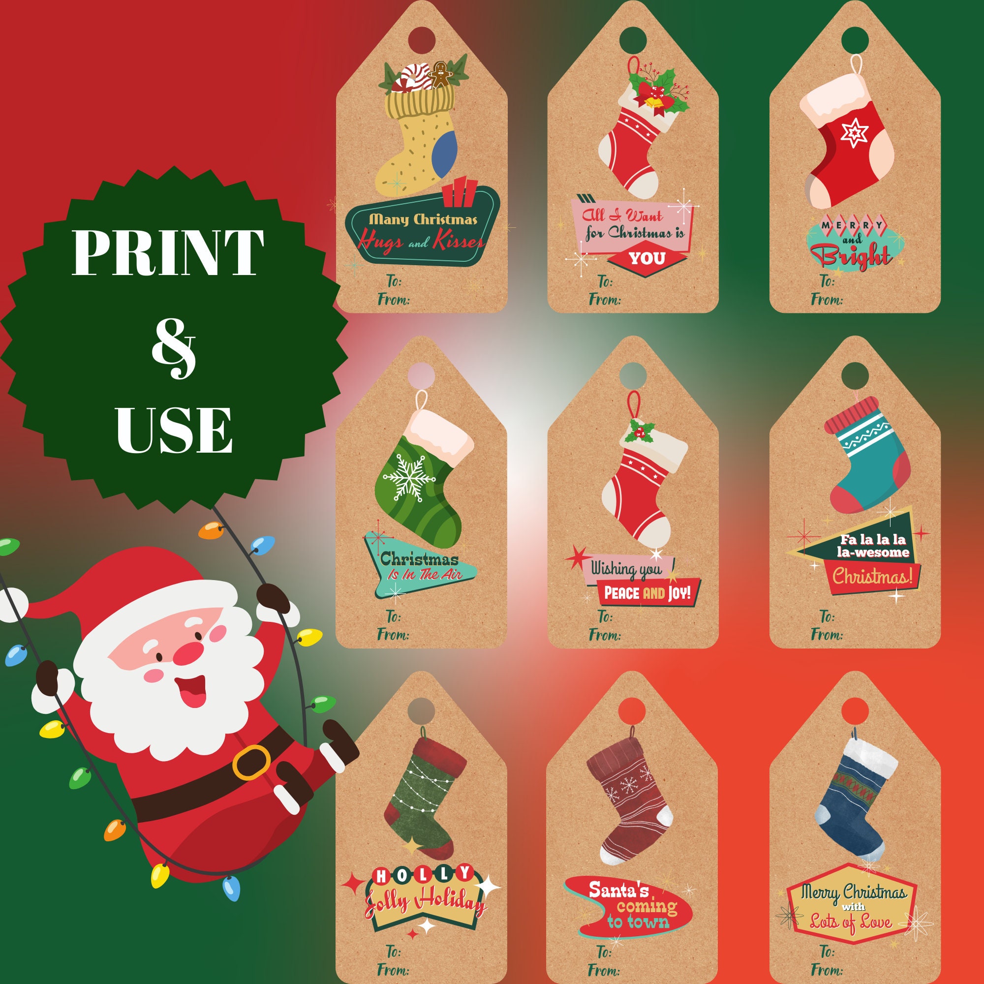 Santa Stocking Design Christmas Gift Tags instant Download - Etsy