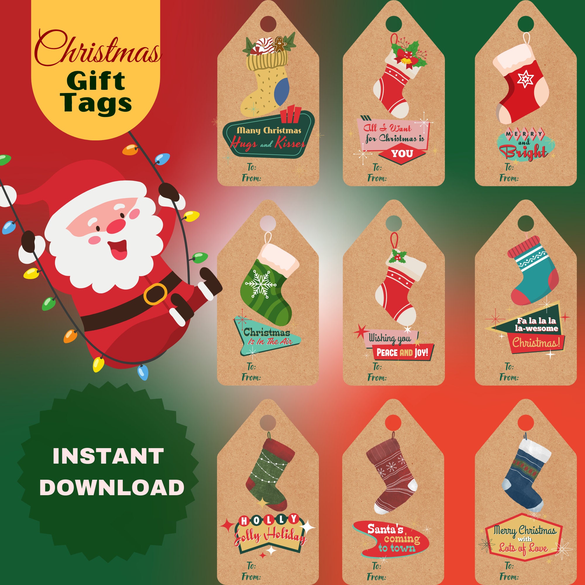 Santa Stocking Design Christmas Gift Tags instant Download - Etsy