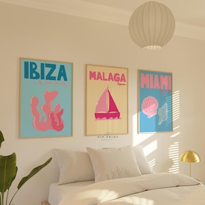 Preppy Coastal Poster Set of 3, Pink Blue Yellow Summer Wall Art ...