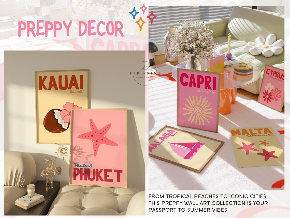 Preppy Travel Wall Art Set of 6, Colorful Summer Poster Bundle, Coastal ...