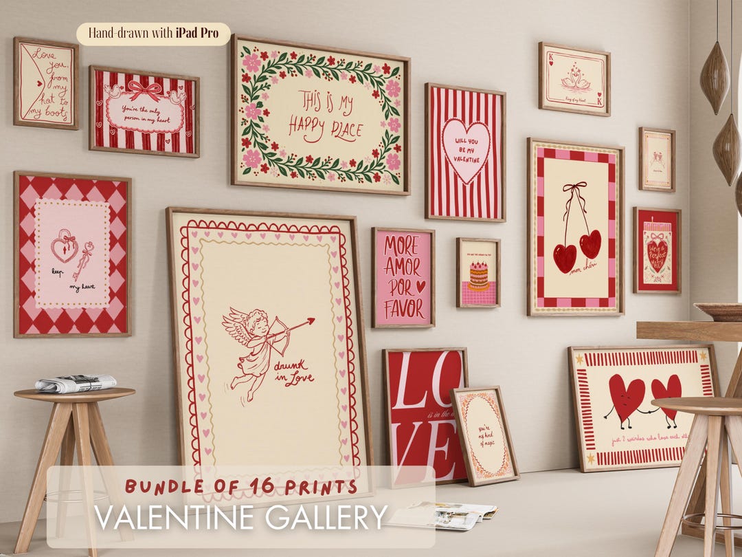 Valentine Wall Art Bundle, 16 Romantic Valentine Prints, Vintage Love ...