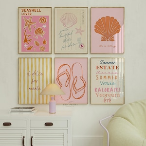 Preppy Summer Wall Art Set of 6, Coastal Beach Poster , Seashell Flip ...