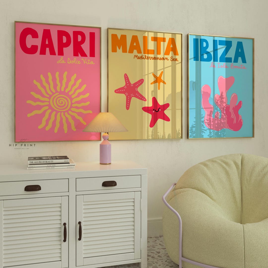Preppy Travel Poster Set of 3, Colorful Summer Wall Art, Trendy Coastal ...