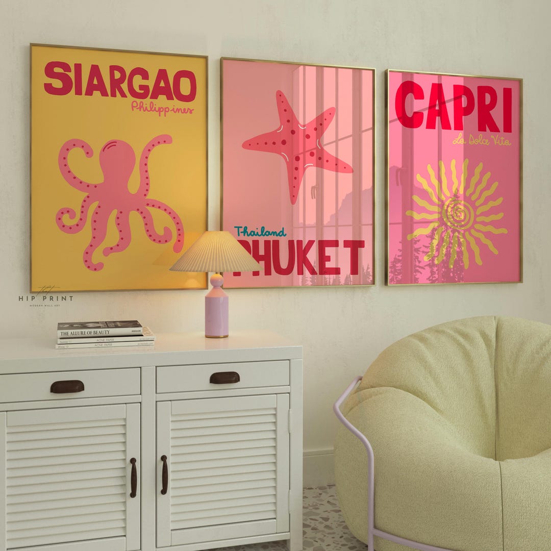 Tropical Preppy Wall Art Poster Set, Summer Travel Decor (digital ...