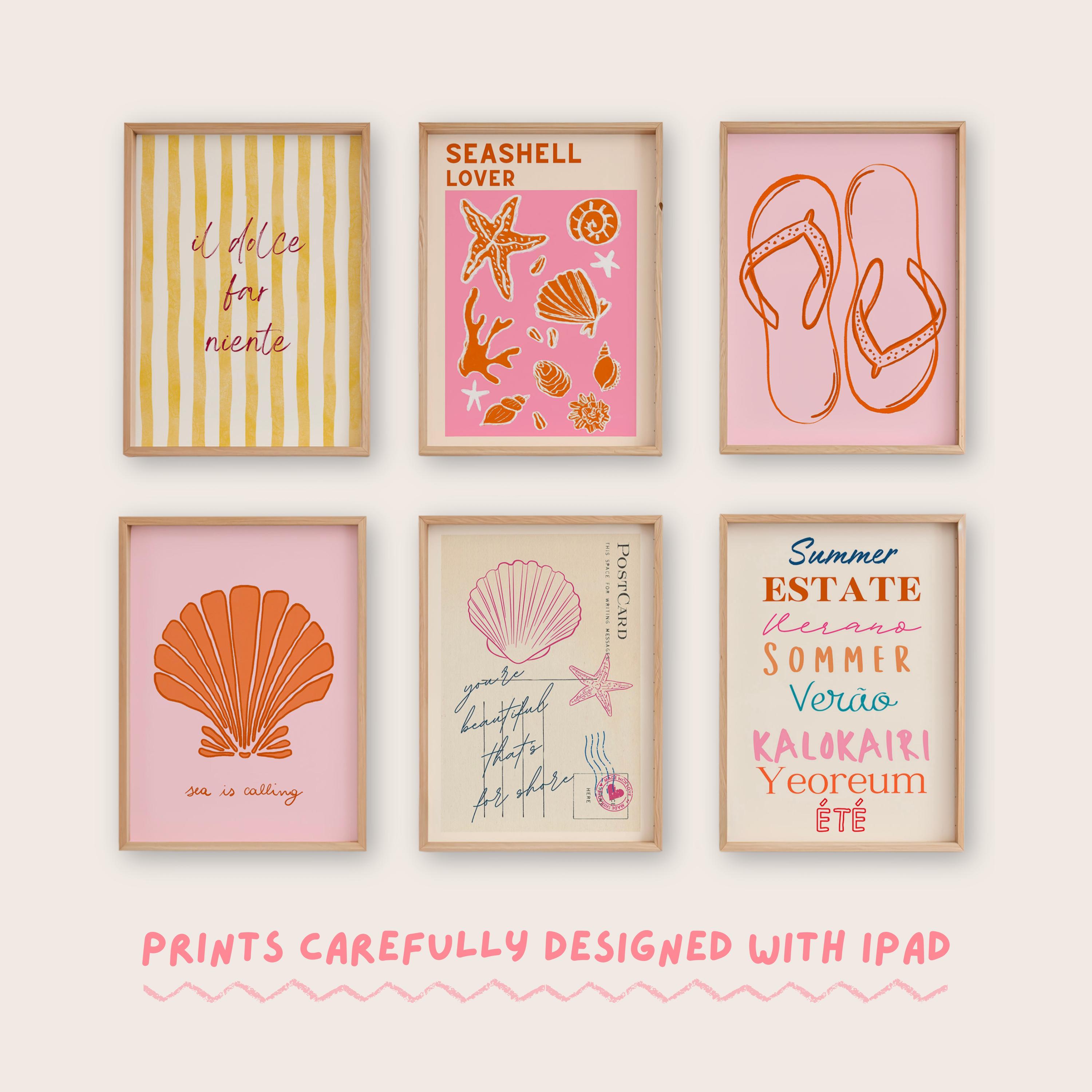 Preppy Summer Wall Art Set of 6, Coastal Beach Poster , Seashell Flip ...