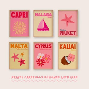 Preppy Travel Wall Art Set of 6, Colorful Summer Poster Bundle, Coastal ...