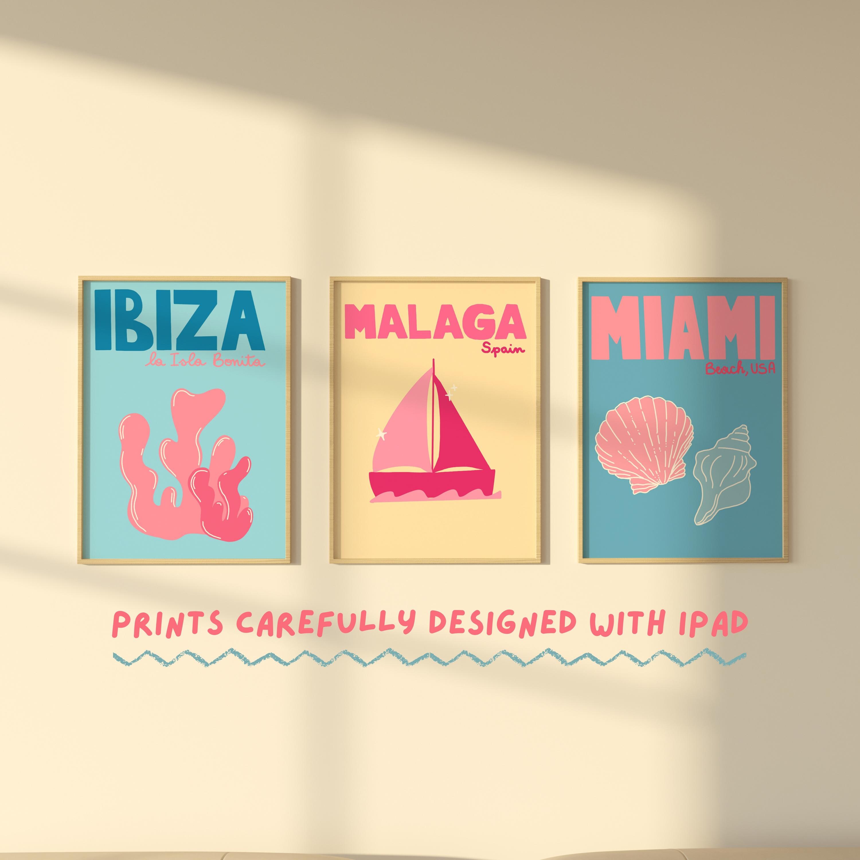 Preppy Coastal Poster Set of 3, Pink Blue Yellow Summer Wall Art ...