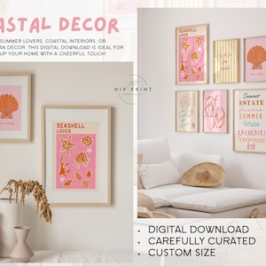 Preppy Summer Wall Art Set of 6, Coastal Beach Poster , Seashell Flip ...