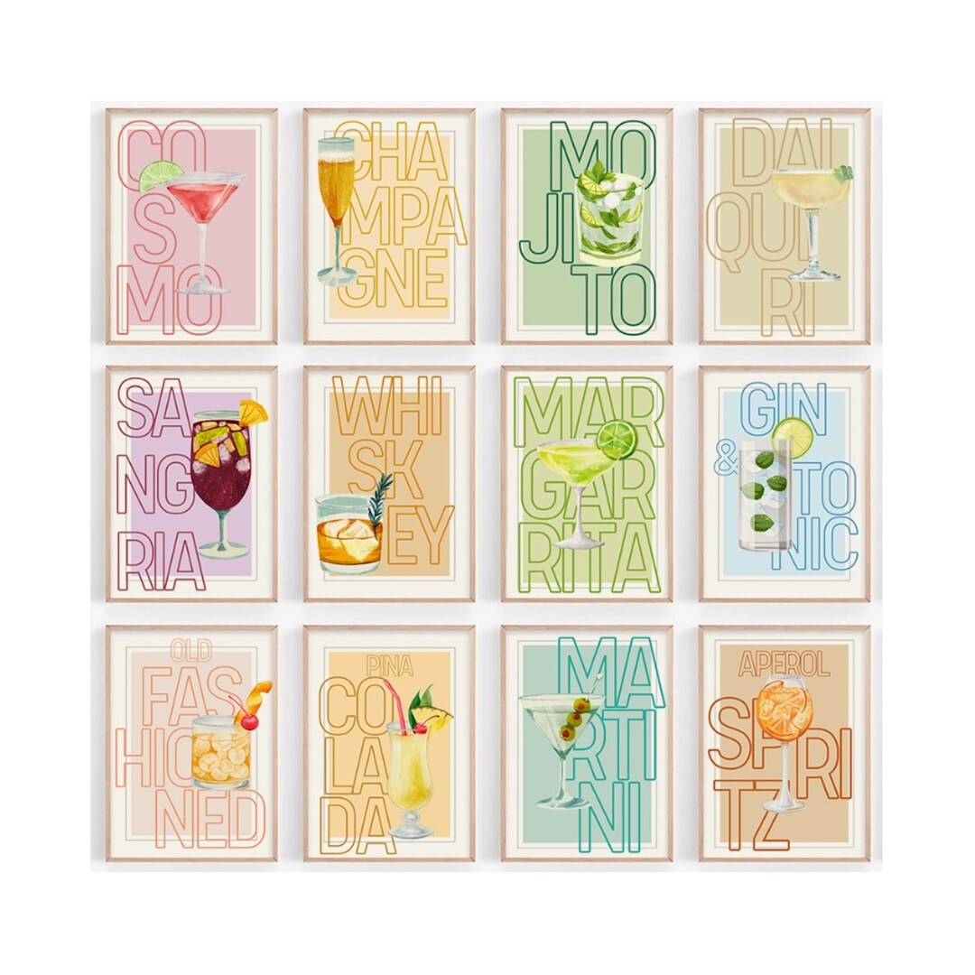 Cocktail Prints Set of 12, Colorful Cocktail Gallery Digital Wall Art ...