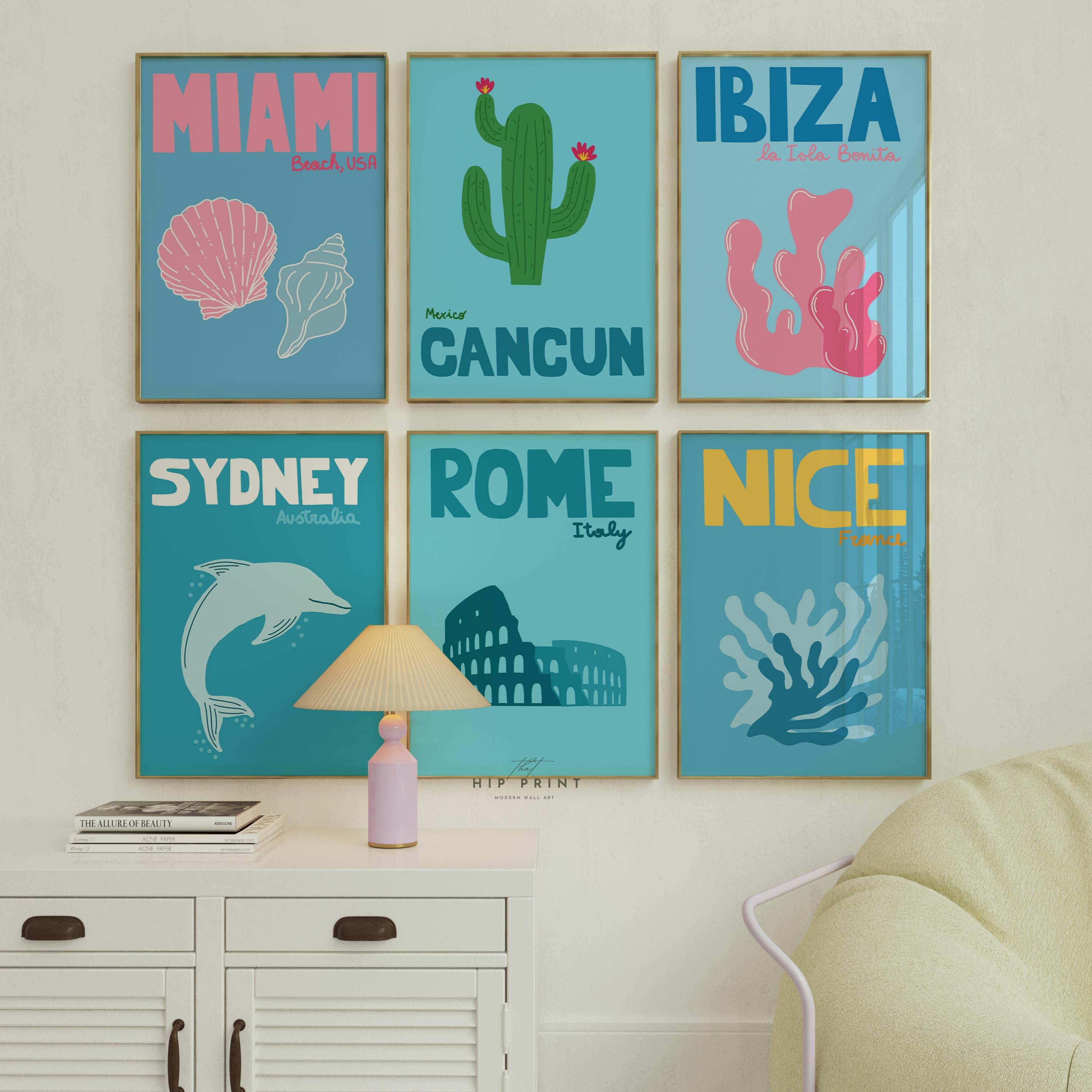 Preppy Travel Wall Art Set of 6, Coastal Blue Poster Collection, Summer ...
