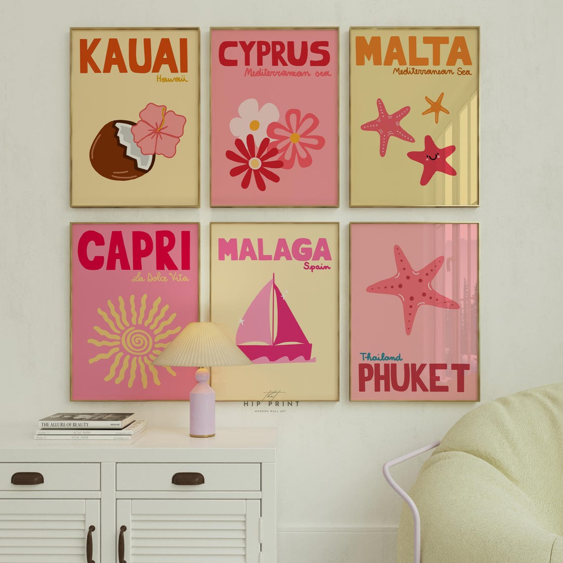 Preppy Travel Wall Art Set of 6, Colorful Summer Poster Bundle, Coastal ...