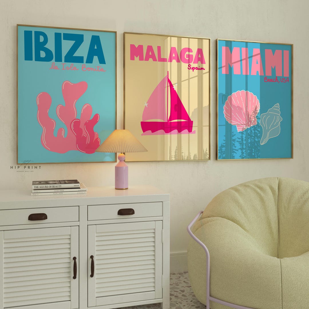 Preppy Coastal Poster Set of 3, Pink Blue Yellow Summer Wall Art ...