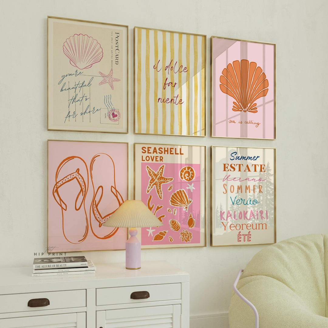 Preppy Summer Wall Art Set of 6, Coastal Beach Poster , Seashell Flip ...