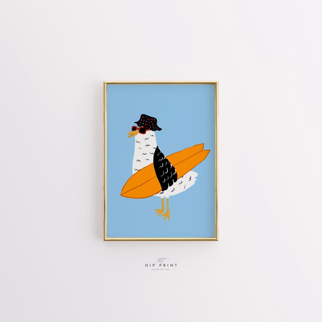 Surfing Seagull Wall Art,coastal Beach Animal Print, Summer Ocean Decor ...