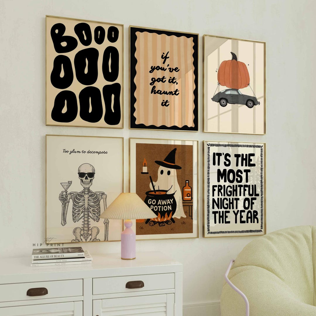 Skeleton Halloween Set of 6, Funny Skull Wall Art, Spooky Bones Poster ...
