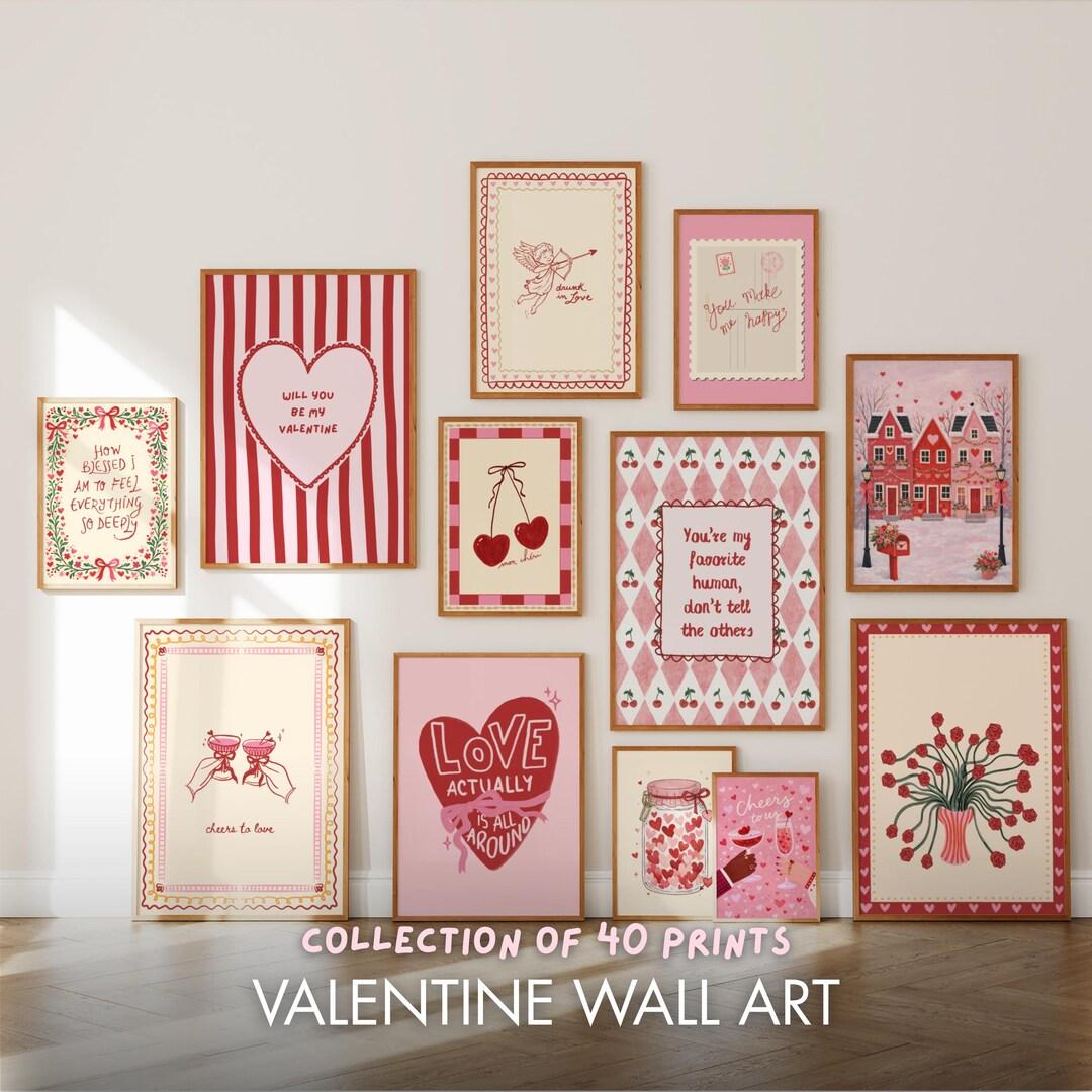 Valentine's Day Wall Art, Folk Love Decor, Pink Red Romantic (digital ...