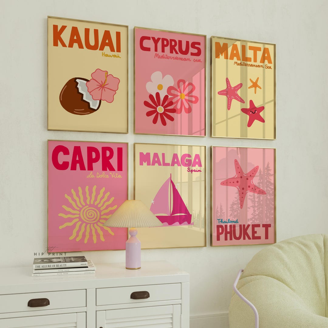 Preppy Travel Wall Art Set of 6, Colorful Summer Poster Bundle, Coastal ...