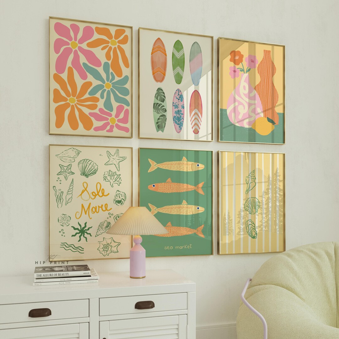 Preppy Summer Wall Art Set of 6 Prints, Colorful Surf Fish Shells ...