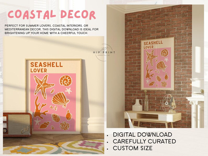 Seashell Lover Art Print, Preppy Pink Coastal Decor (instant Download ...