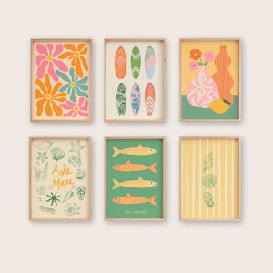 Preppy Summer Wall Art Set of 6 Prints, Colorful Surf Fish Shells ...