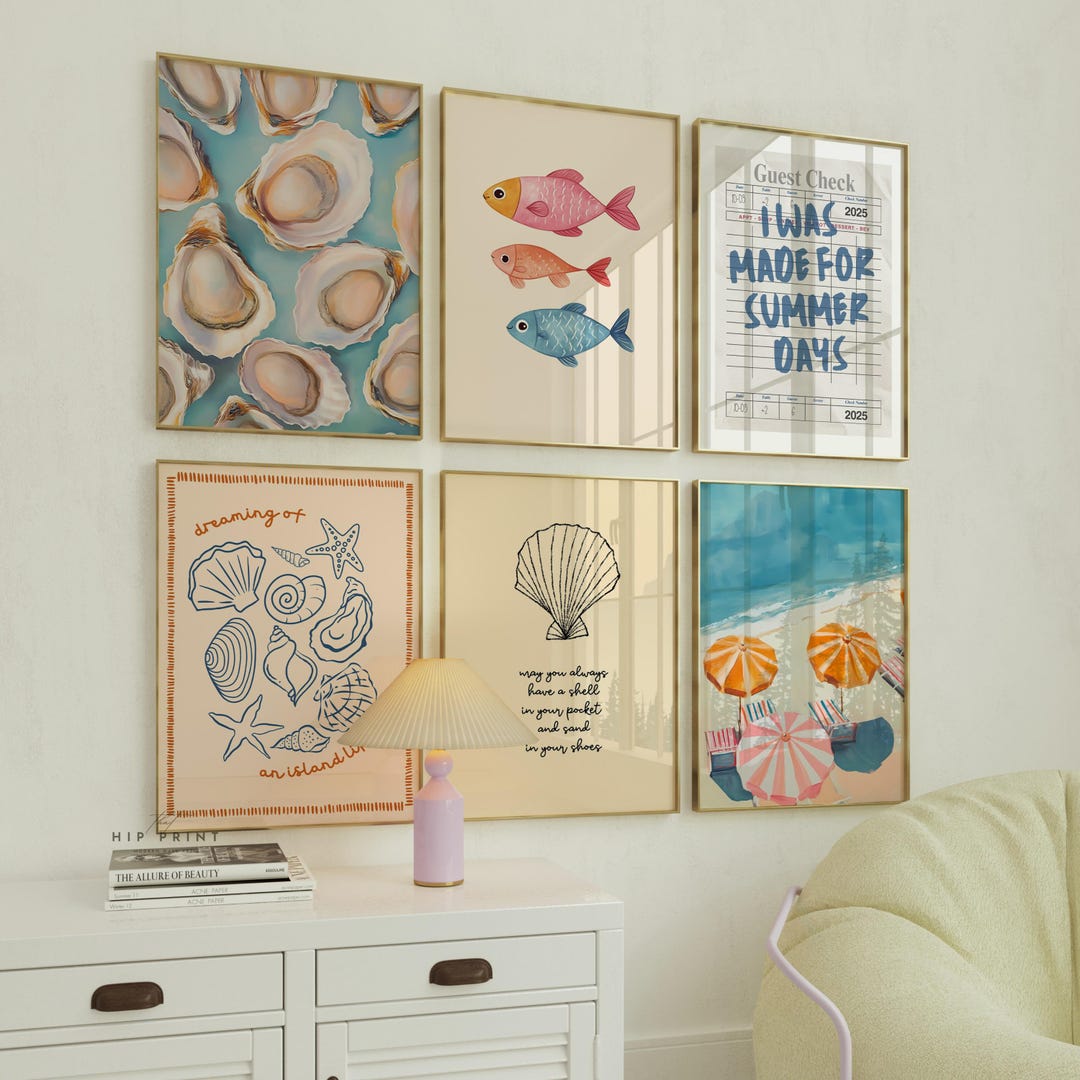 Beach Wall Art Set of 6, Summer Coastal Print, Seashell Fish Oyster ...