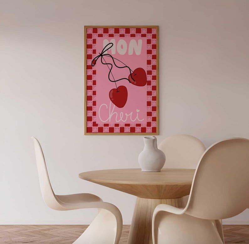 Retro Cherry 'mon Cheri' Print, Red Black Pink, Kitchen Bar Decor ...