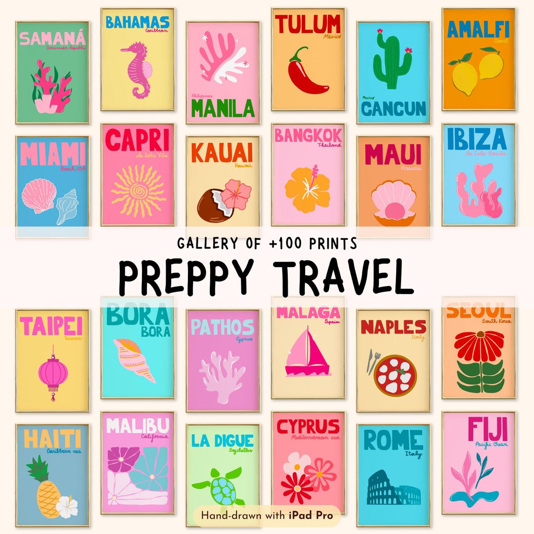 Preppy Travel Wall Art Bundle Set of 100, City & Beach Poster ...
