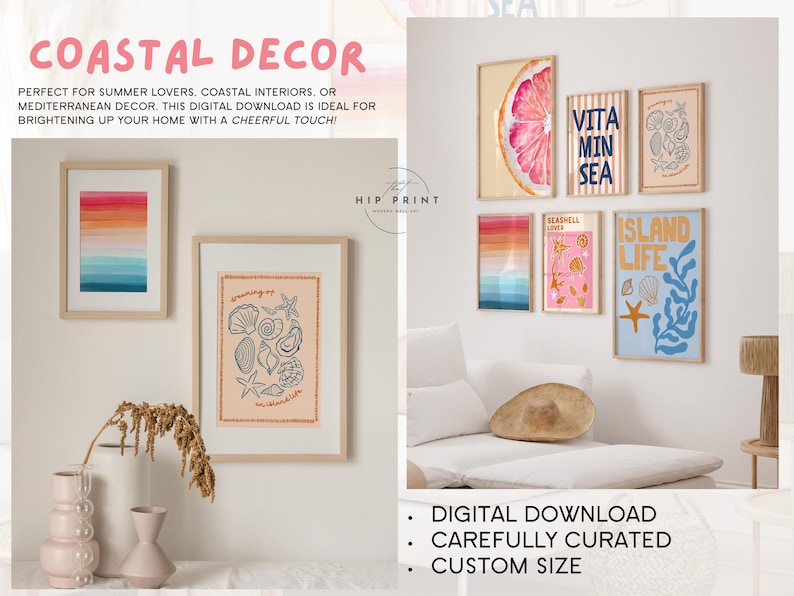 Tropical Wall Art Set of 6, Preppy Beach Poster Pack, Vitamin Sea ...