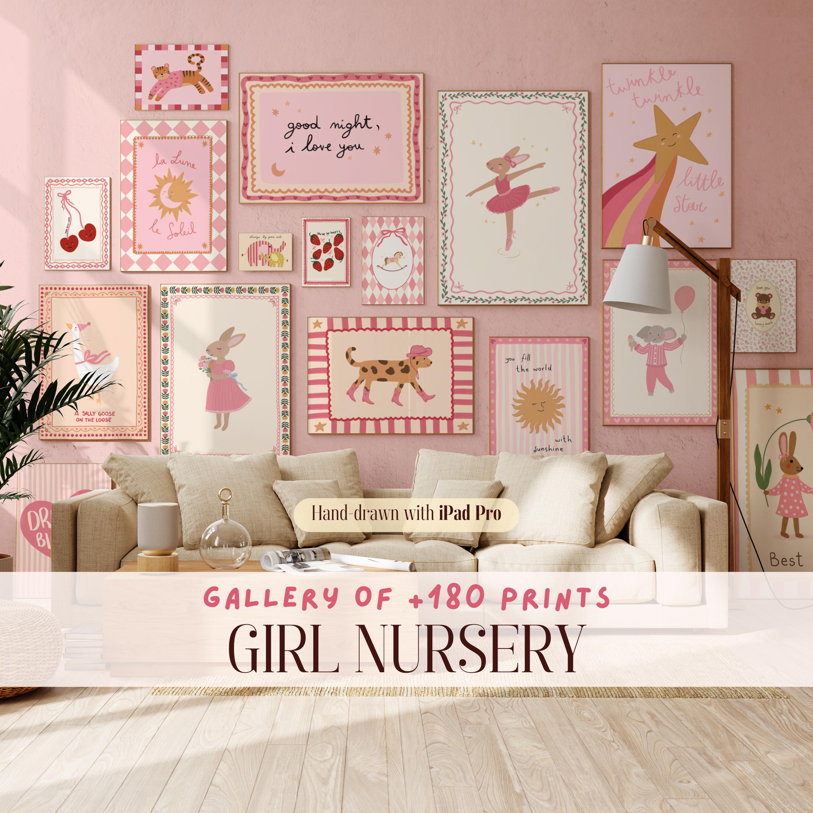 Pink Girl Nursery Prints, Cottagecore Animal Decor, Baby Room Gallery ...