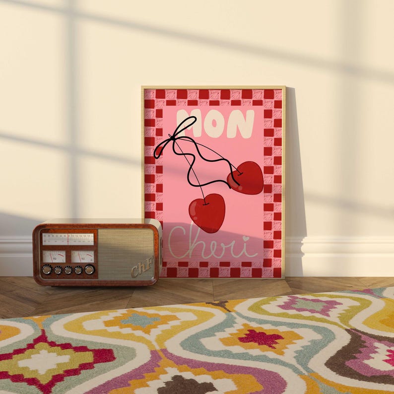 Retro Cherry 'mon Cheri' Print, Red Black Pink, Kitchen Bar Decor ...