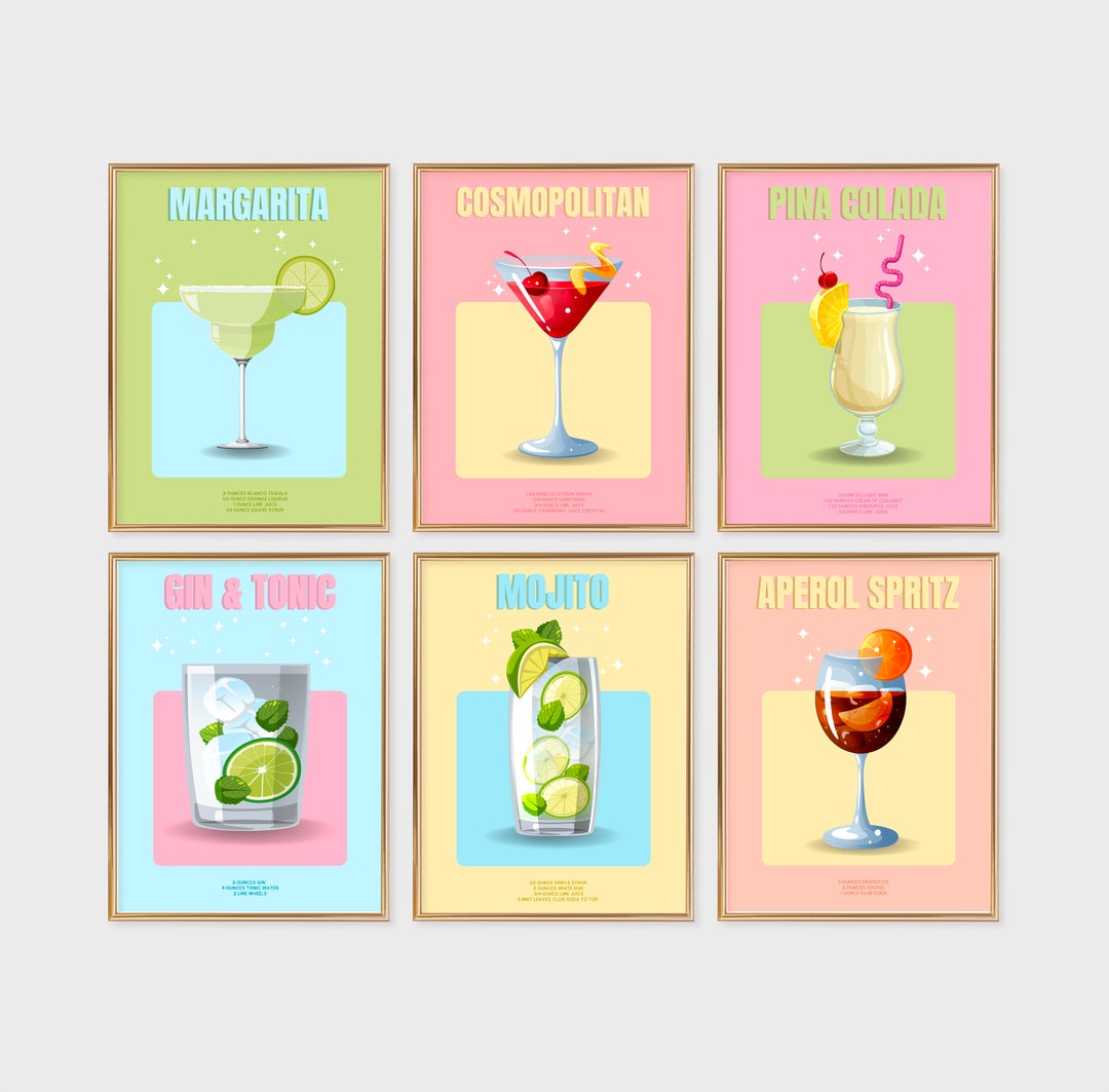 Cocktail Prints Set of 6, Colorful Cocktail Gallery Digital Wall Art ...