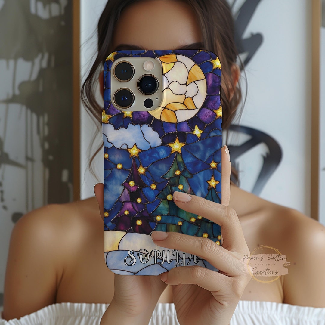 Personalized Blue Stained Glass Moon Christmas Phone Case for iPhone ...