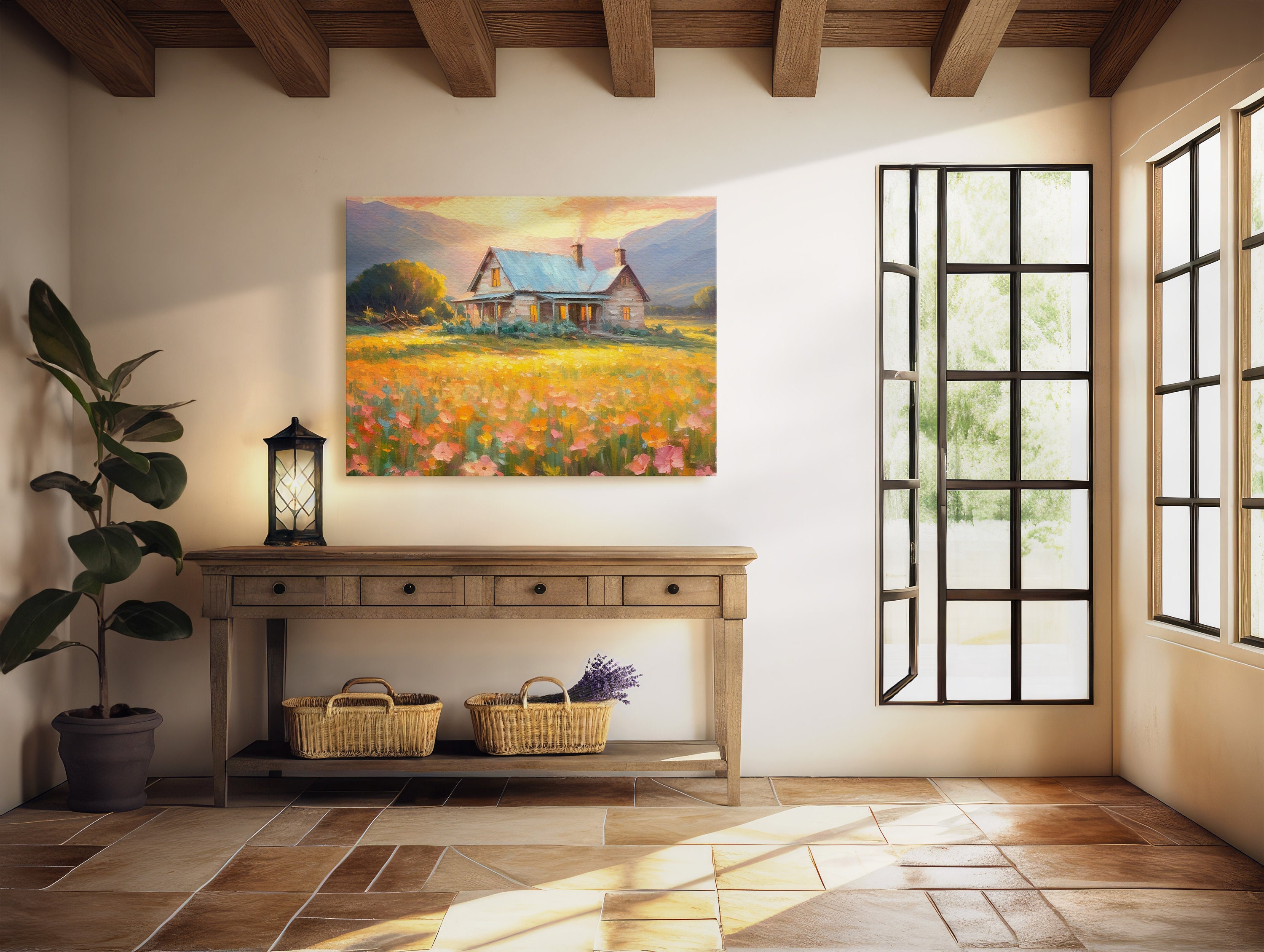 Valley Homestead, Canvas of Farm in Valley, Farmhouse in Field of ...