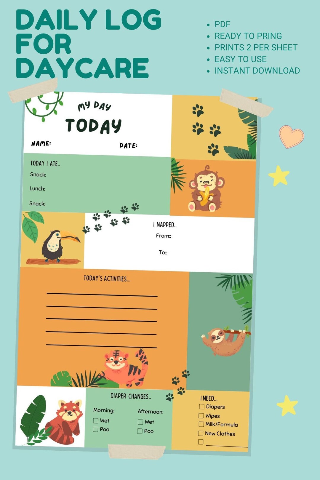 Daycare Daily Log (jungle Theme) | Simple Daily Log for Daycare, Nanny ...