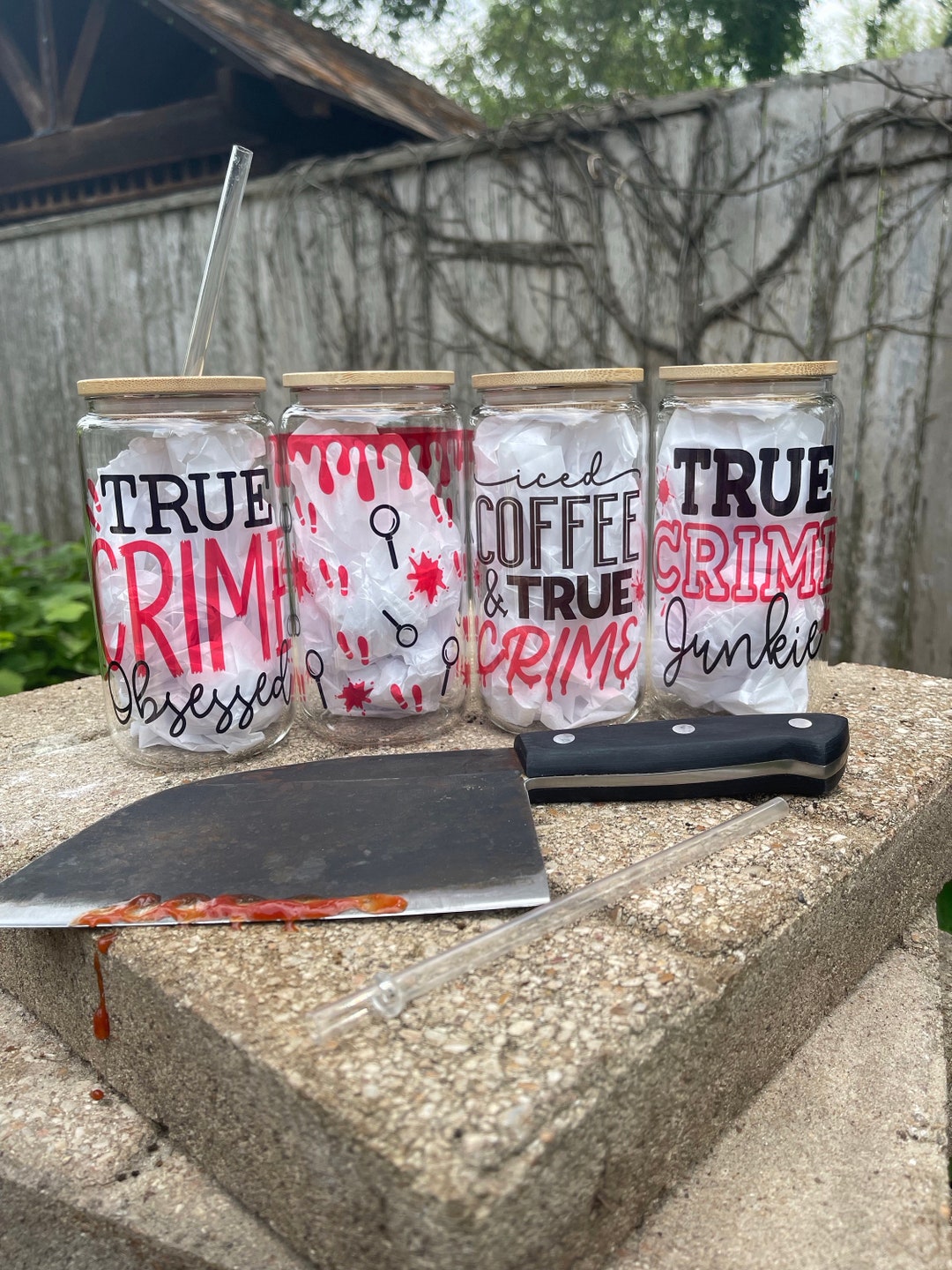True Crime Iced Coffee 16oz Glass With Bamboo Lid and Straw - Etsy