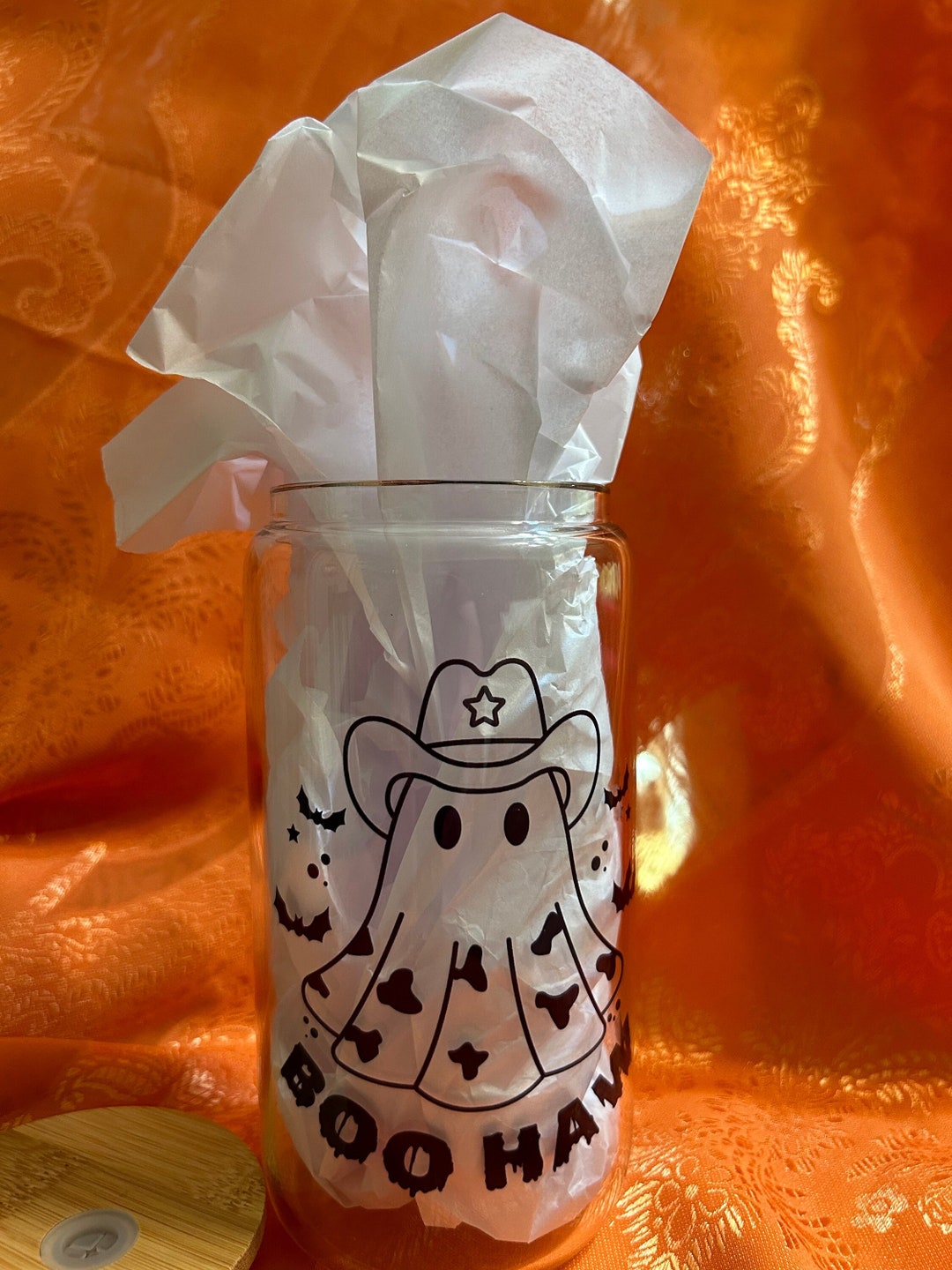 Cowboy Ghost Iced Coffee Glass With Bamboo Lid and Straw Ghost - Etsy