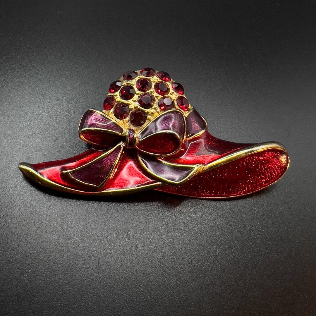 Vintage Red Hat Enamel Gold-toned & Red Rhinestones Brooch Pin - Etsy