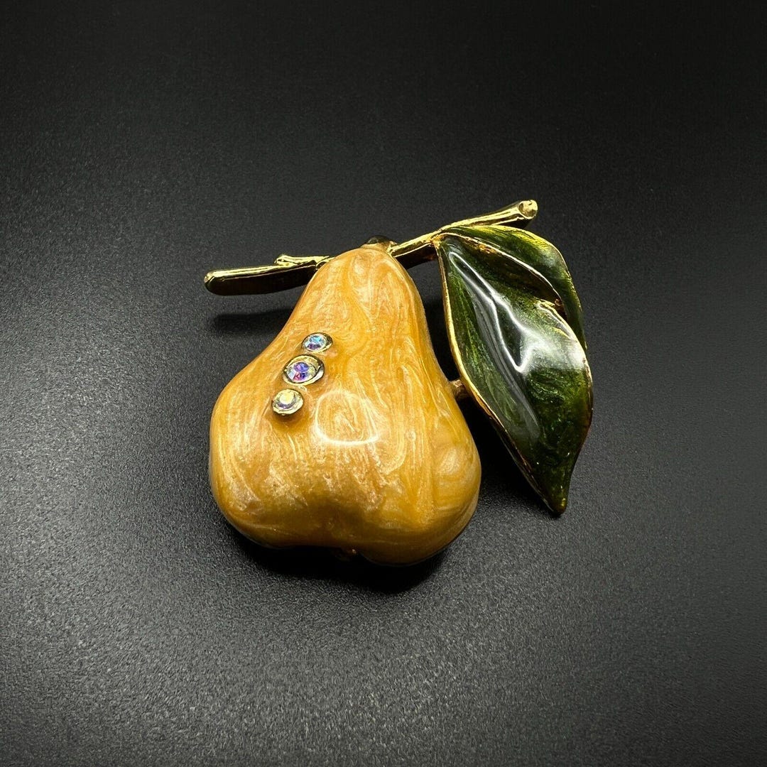 Vintage Gold-toned Enameled Pear W Three Rhinestones & Green Leaves ...