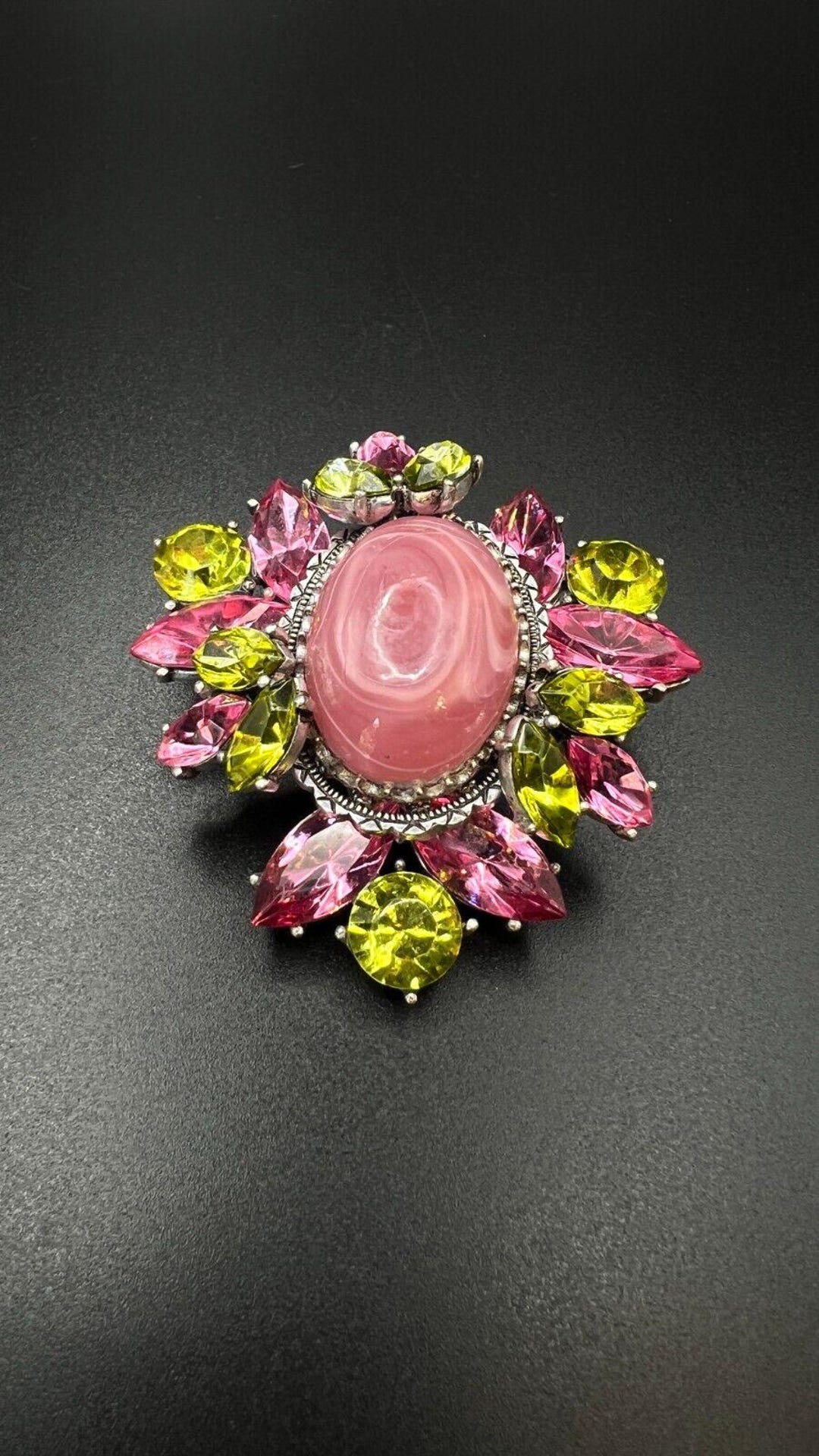 Vintage Flower Large Pink Center Stone With Pink and Green Crystals ...