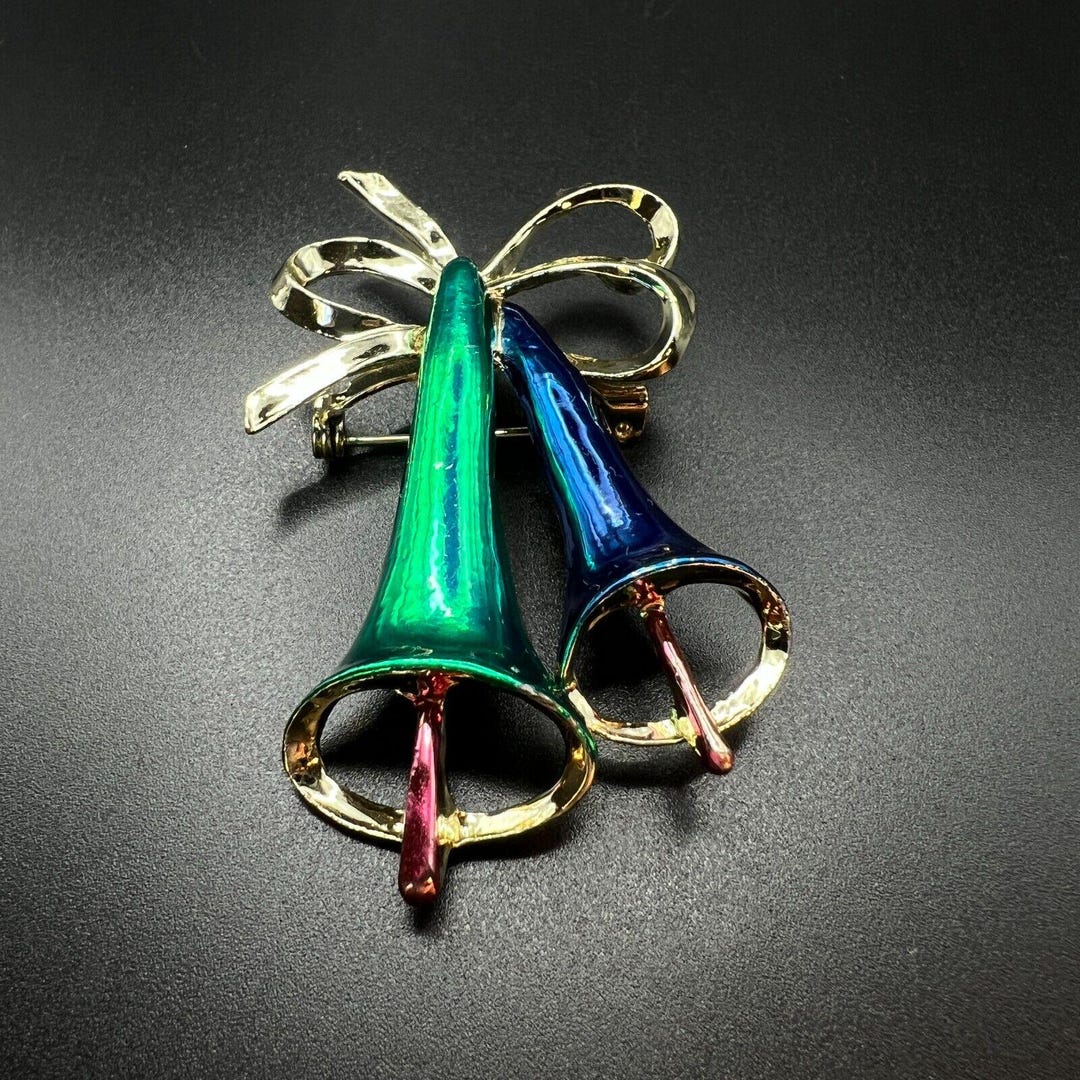 Vintage Novelty Gold-toned Blue and Green Enameled Holiday Bells Brooch ...