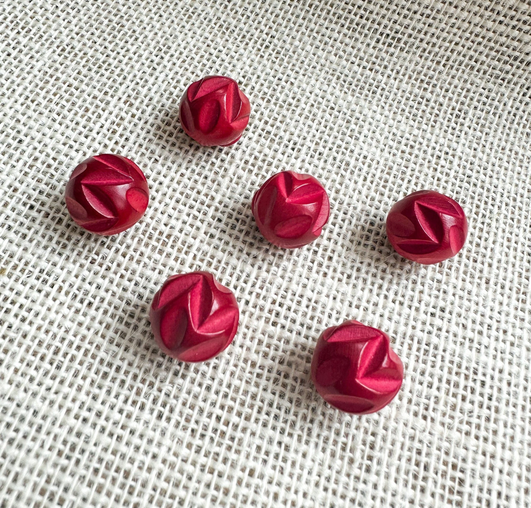 Vintage Wood Carved Red Ball Buttons, 6 Round Sphere Old Buttons ...