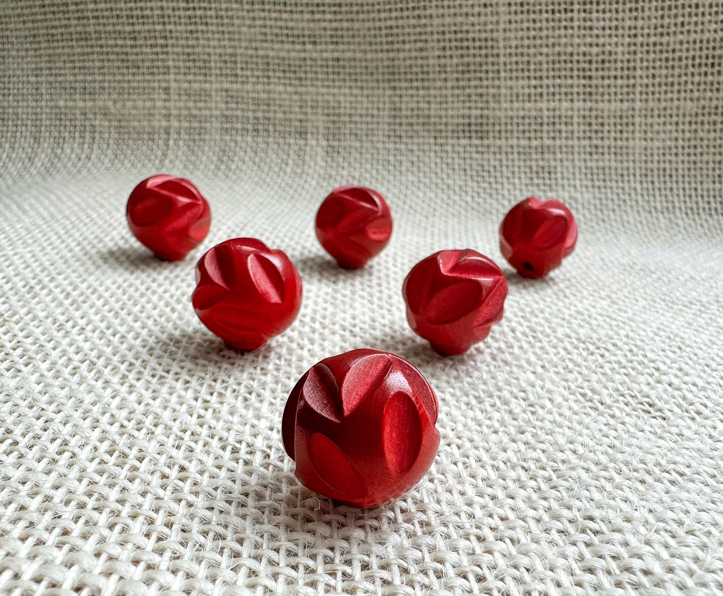 Vintage Wood Carved Red Ball Buttons, 6 Round Sphere Old Buttons ...