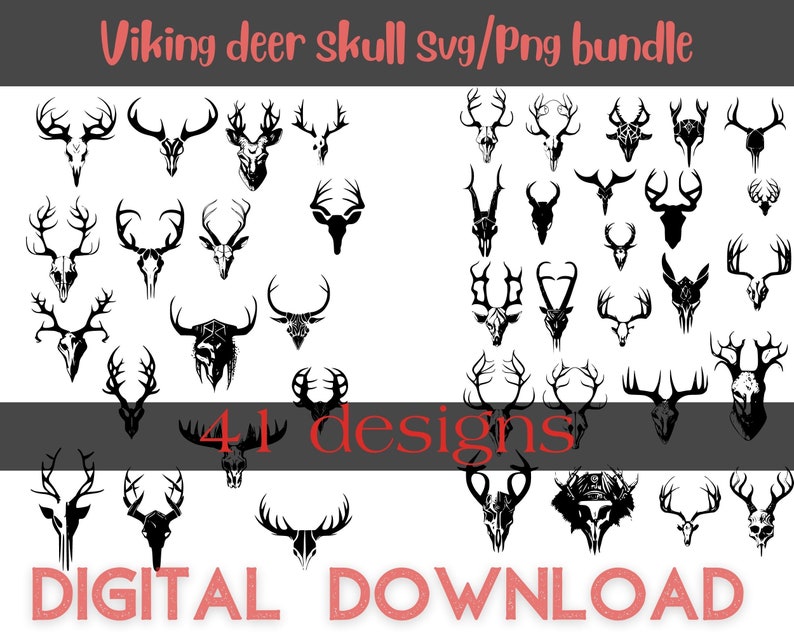 Viking Deer Skull SVG/PNG Decal Bundle, Animal Skull Clipart, Deer ...