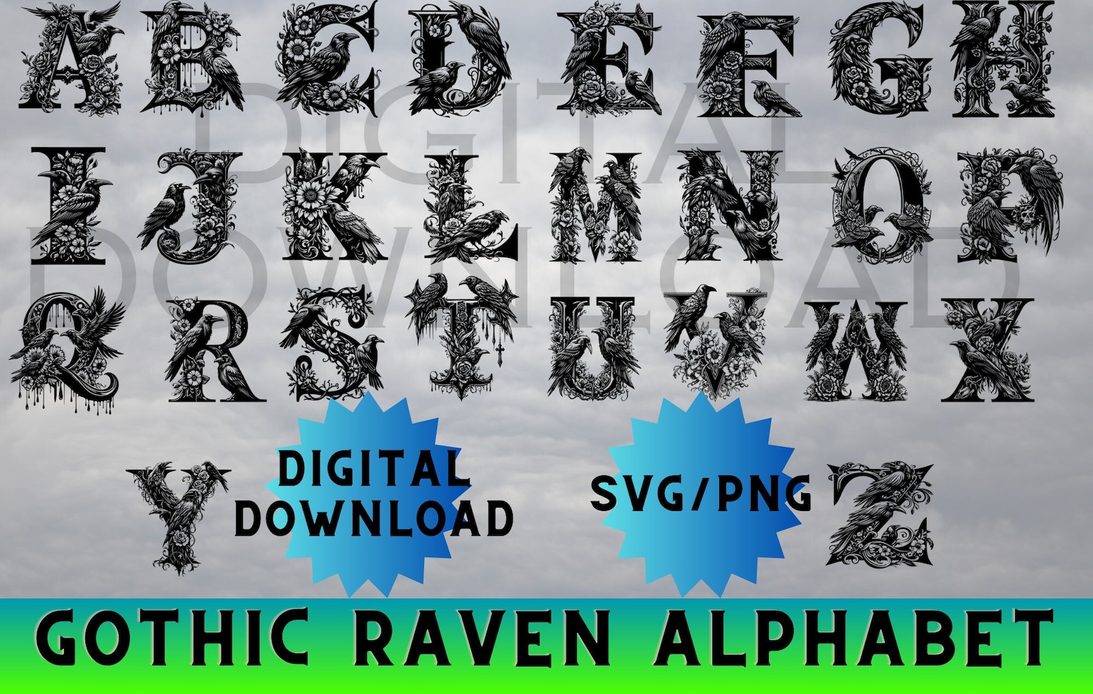 Gothic Raven Font Svg, Raven Svg, Crow Svg, Gothic Font, Raven Font ...